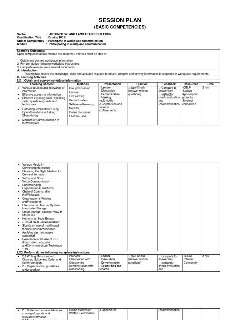 SESSION-PLAN - Driving NC II | PDF | Lecture | Information