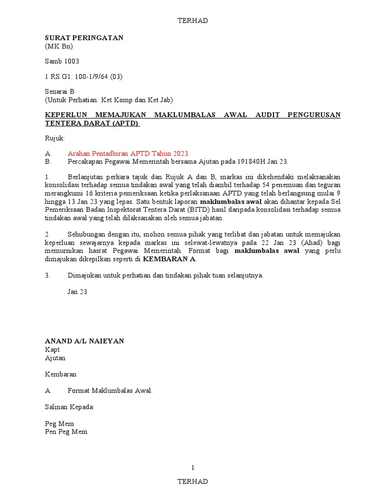 Surat Peringatan Memajukan Maklum Balas Awal Tindakan Kepada Teguran Aptd | PDF