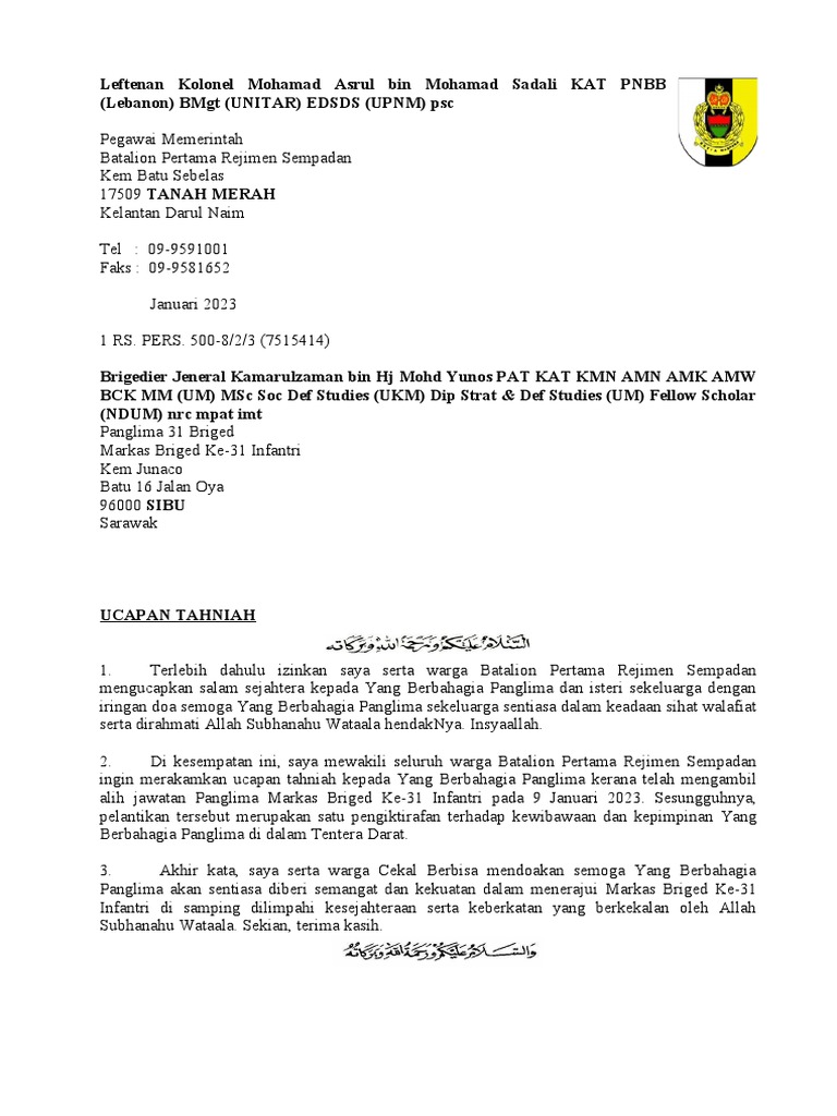 Surat Ucapan Tahniah Panglima 31 BGD Baru | PDF