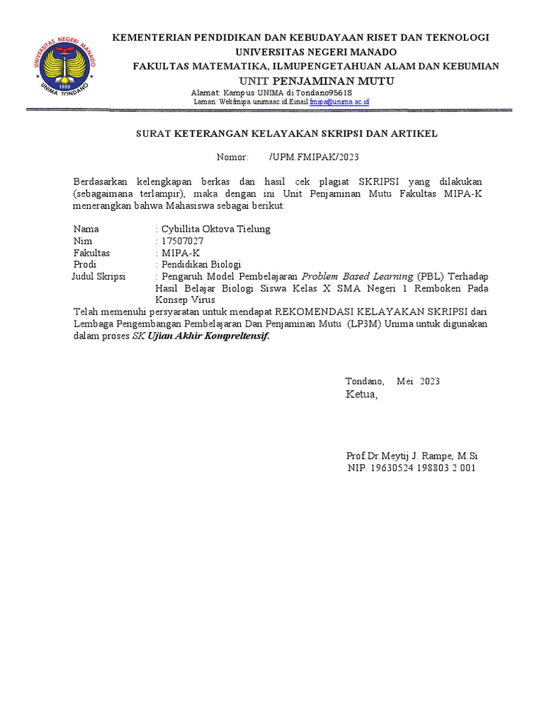 SURAT KETERANGAN KELAYAKAN SKRIPSI | PDF