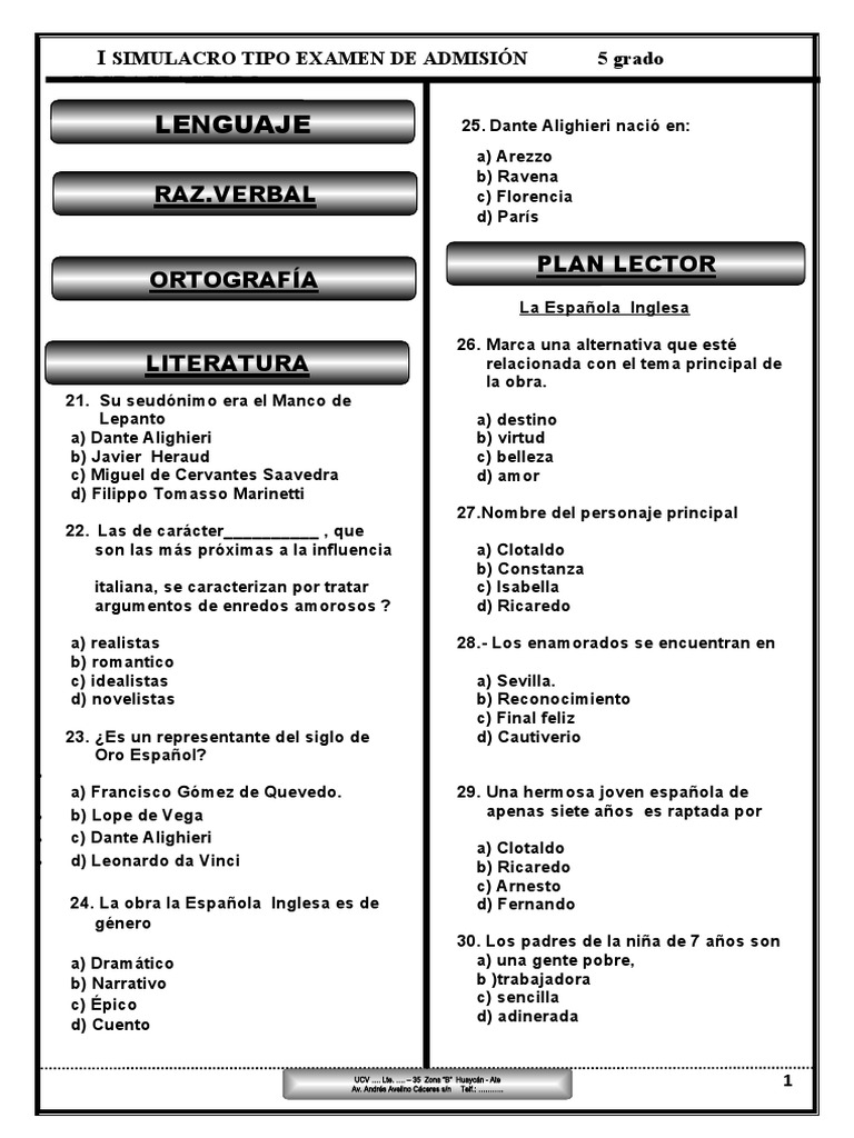 SIMULACRO LETRAS 5to Grado O | PDF