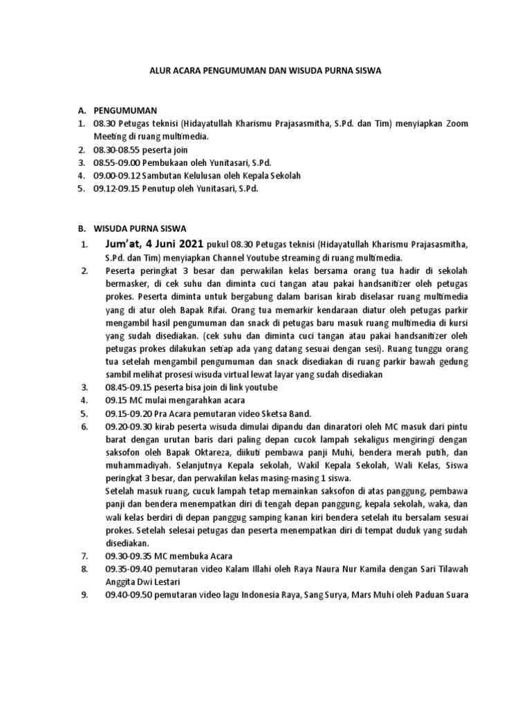 ALUR ACARA PENGUMUMAN DAN WISUDA PURNA SISWA | PDF