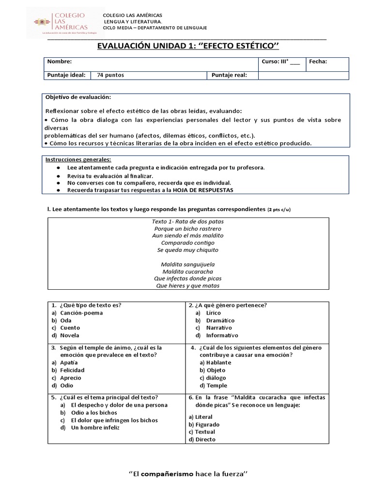 EVALUACION UNIDAD 1 3º Medio | PDF | Experiencia subjetiva | Las artes