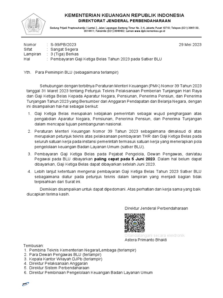 Pembayaran Gaji Ketiga Belas Tahun 2023 Pada Satker BLU | PDF