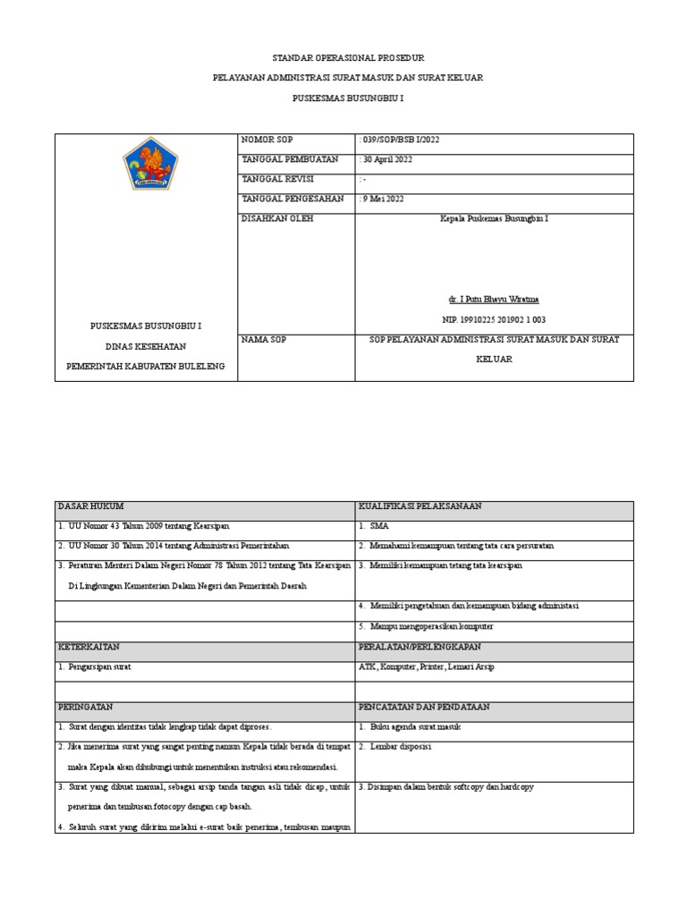 SOP Administrasi Surat Masuk Dan Keluar | PDF