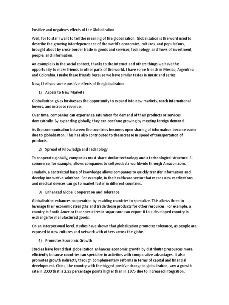 Positive and Negatives Effects of The Globalization | PDF | Globalization | Economic Growth