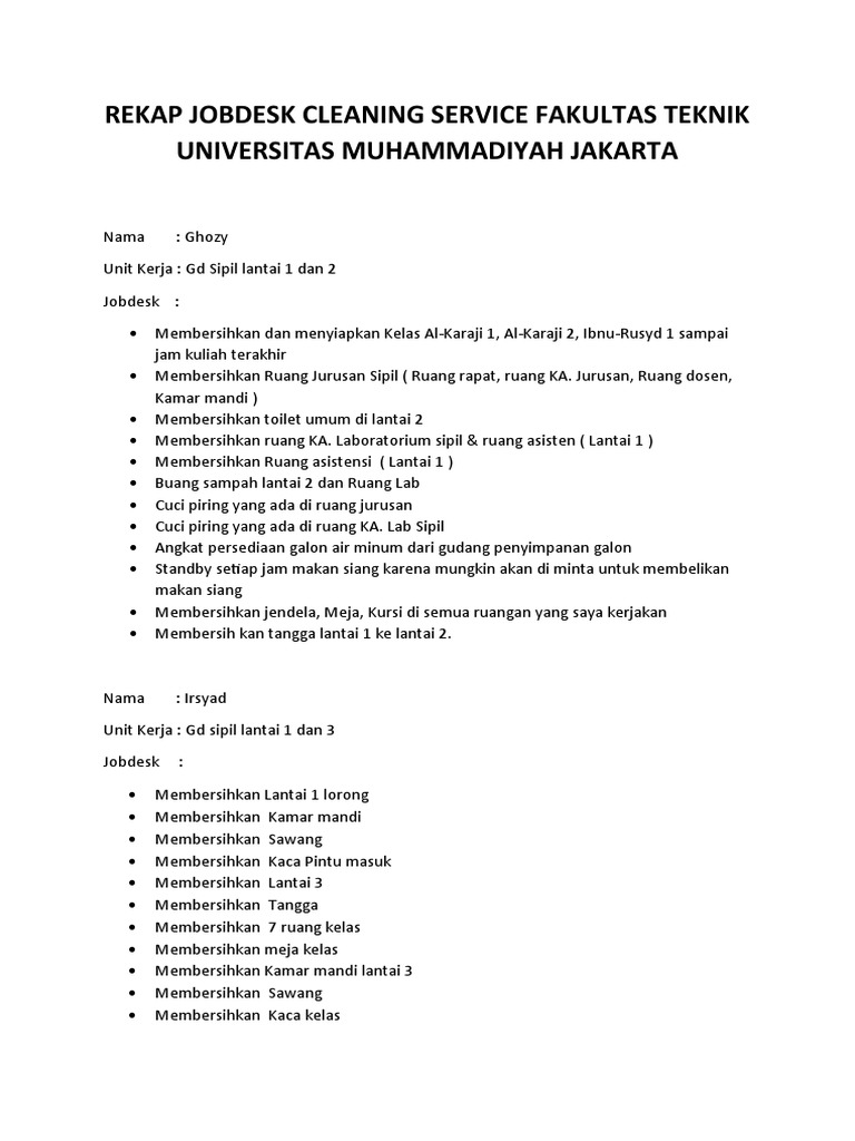 Rekap Jobdesk Cleaning Service Fakultas Teknik Universitas Muhammadiyah ...