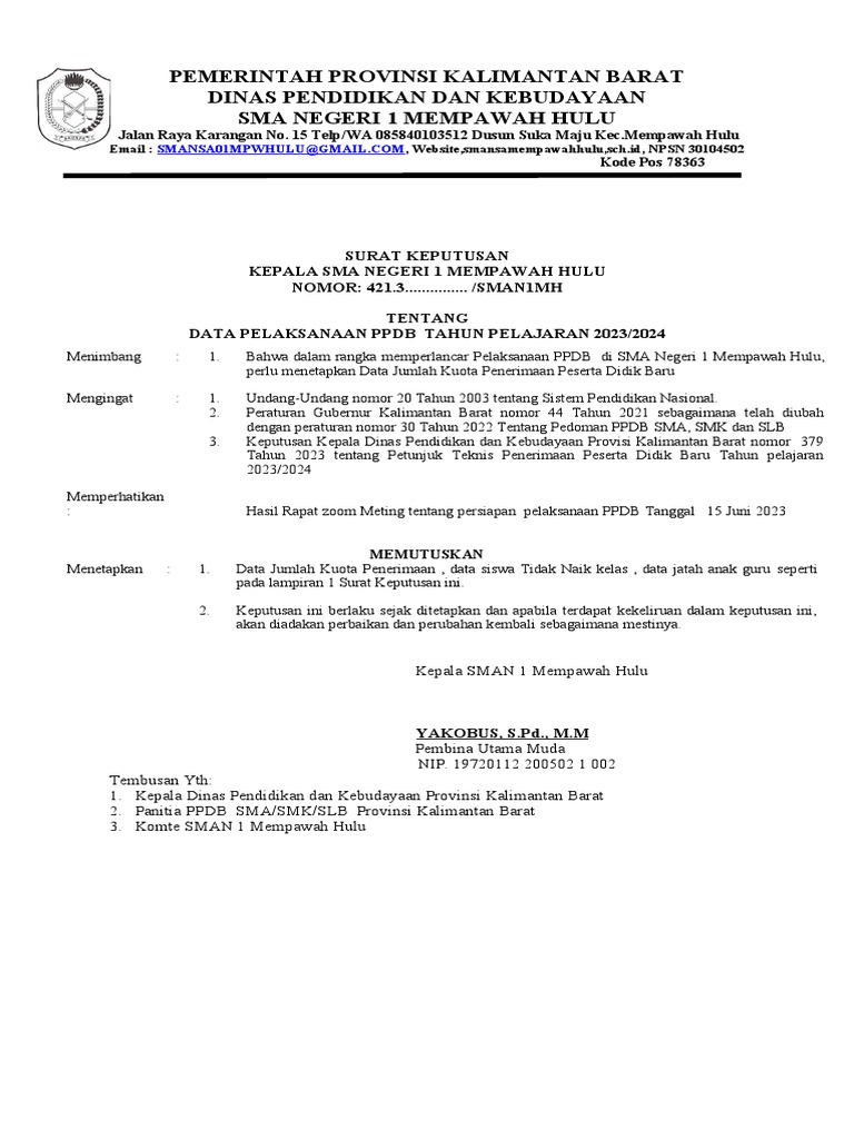 Kuota PPDB 2023/2024 SMAN 1 Mempawah Hulu | PDF