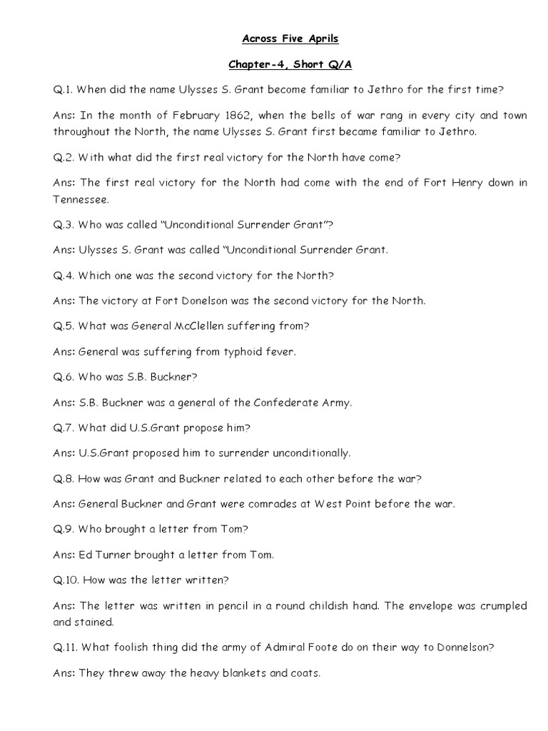 "Across Five Aprils Chapter 4 Q&A" | PDF | American Civil War