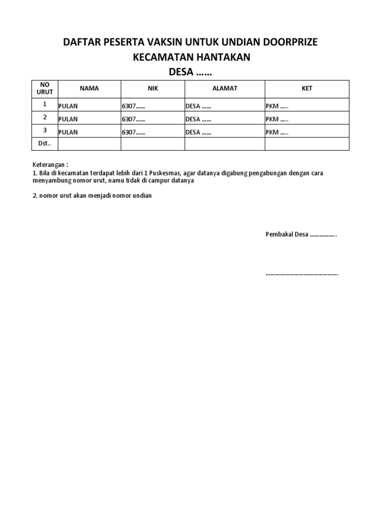 Contoh Daftar Peserta Vaksin Untuk Undian Doorprize | PDF