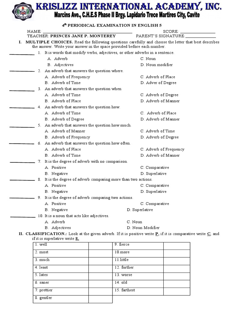 4th PERIODICAL EXAMINATION IN ENGLISH 5 | PDF | Adverb | Adjective