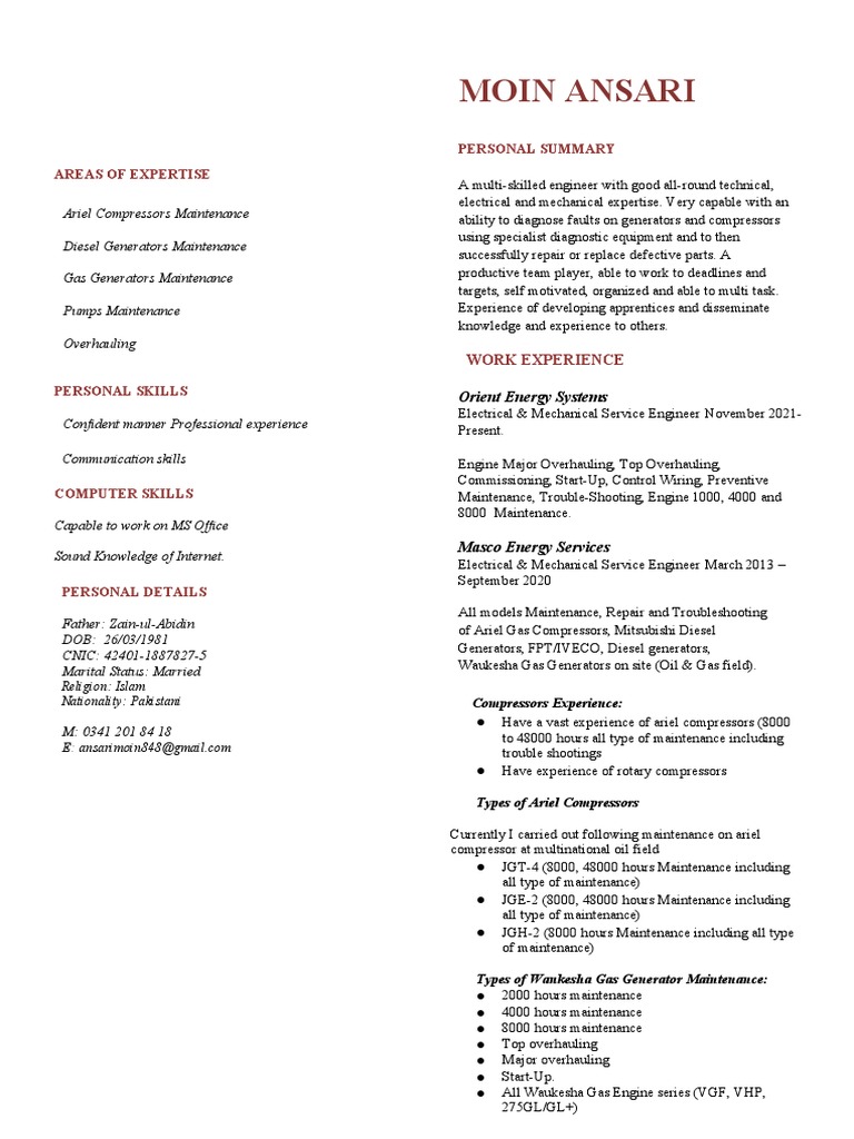 Moin CV New | PDF | Electric Generator | Electrical Engineering