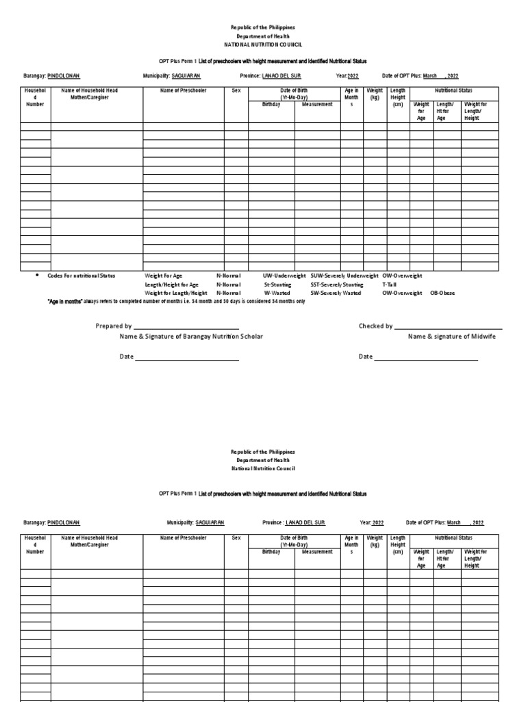 OPT Plus Form 1 List of Preschoolers With Height Measurement and Identified Nutritional Status ...