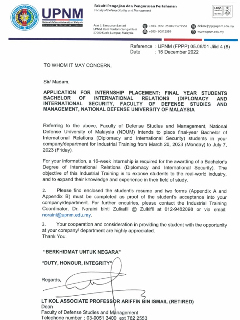 University Industrial Training Letter | PDF