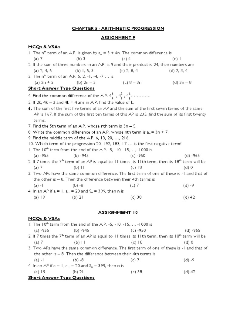 Assignment - Arithmetic Progression | Download Free PDF | Mathematics | Arithmetic