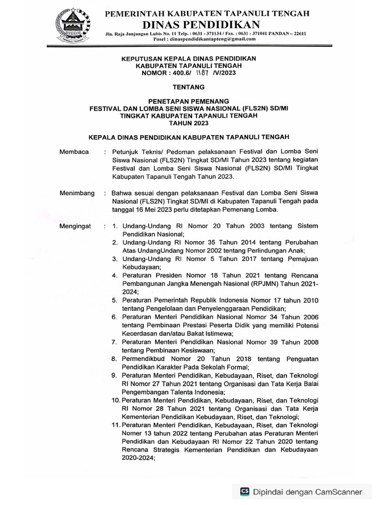SK Pemenang FLS2N SD-MI Tingkat Kab. Tapanuli Tengah Tahun 2023 | PDF