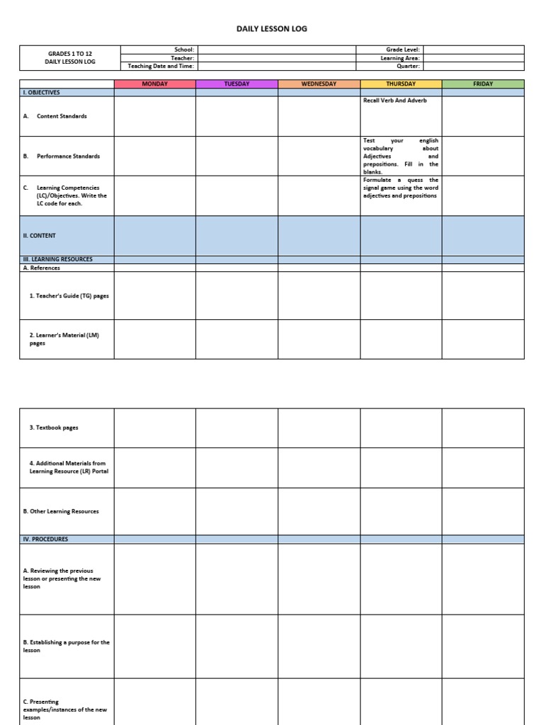 Daily Lesson Log Template | PDF
