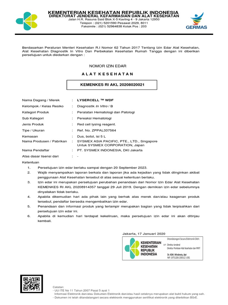 SYSMEX, AKL 20208020021, LYSERCELL WDF, Exp 20092023 | PDF