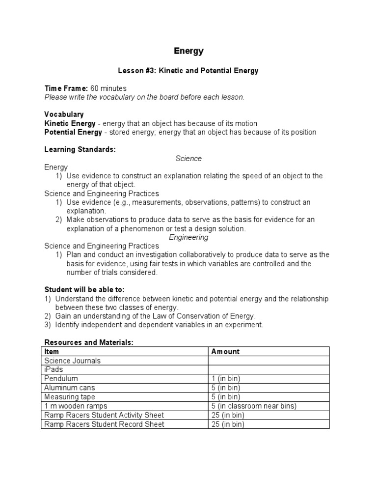 Kinetic vs Potential Energy Lesson Plan | PDF | Potential Energy ...