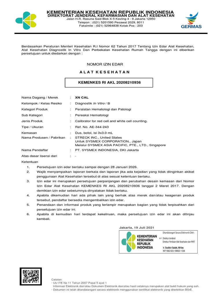 SYSMEX, AKL 20208210936, XN CAL, Exp 28012026 | PDF