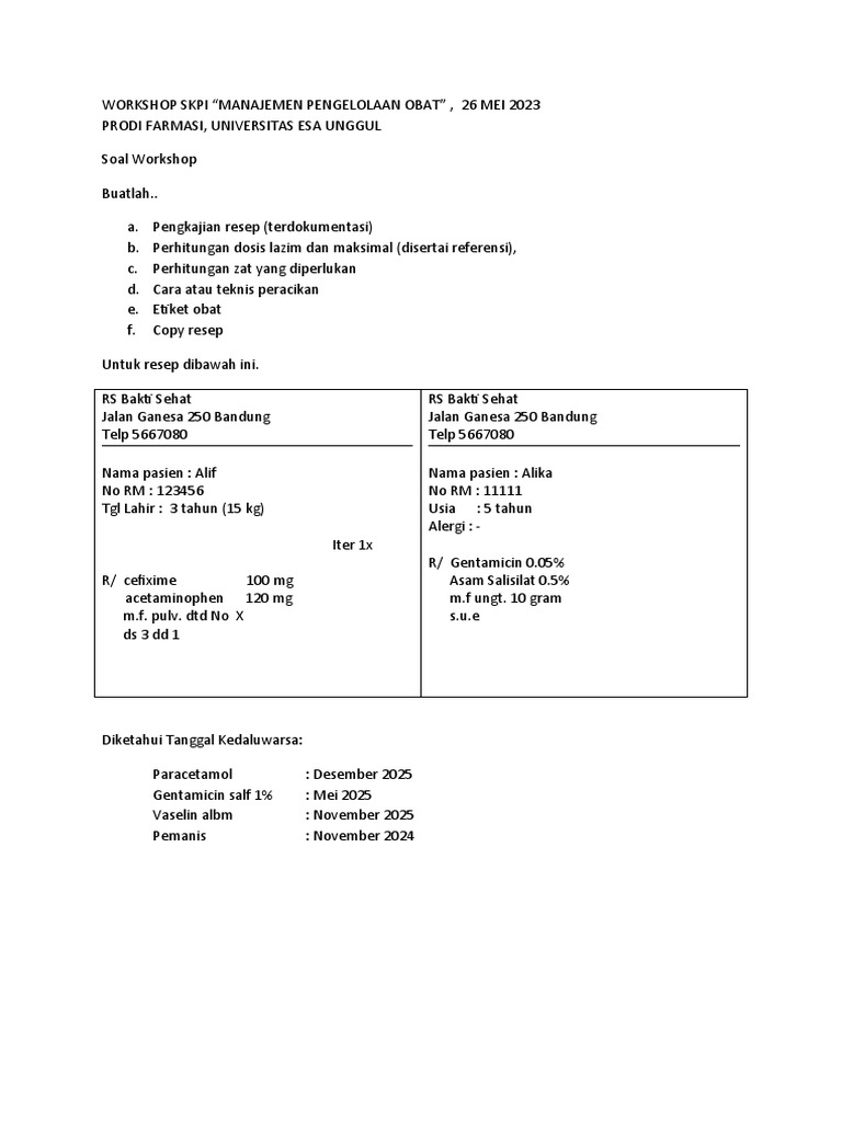 Soal Latihan Workshop SKPI UEU Dispensing Dan Compounding Non Steril - 26 Mei 2023 | PDF