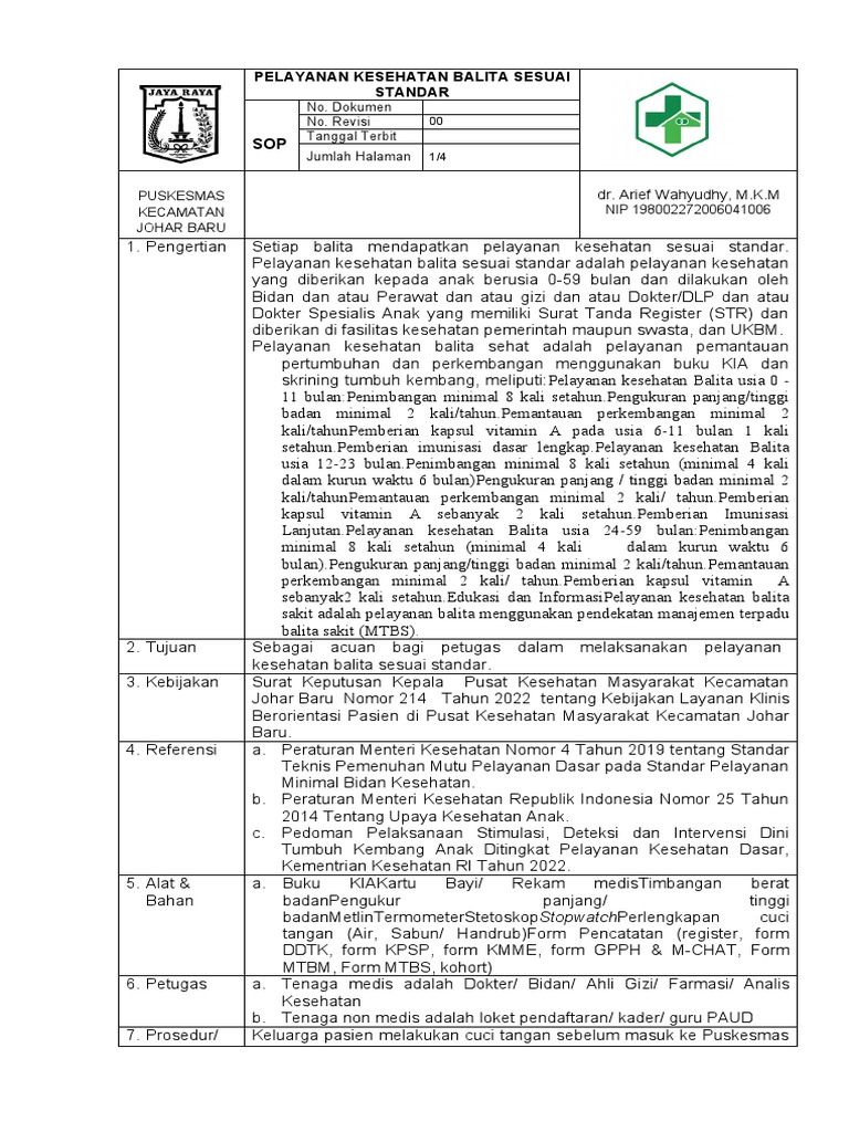 SOP Pelayanan Kesehatan Balita Sesuai Standar | PDF