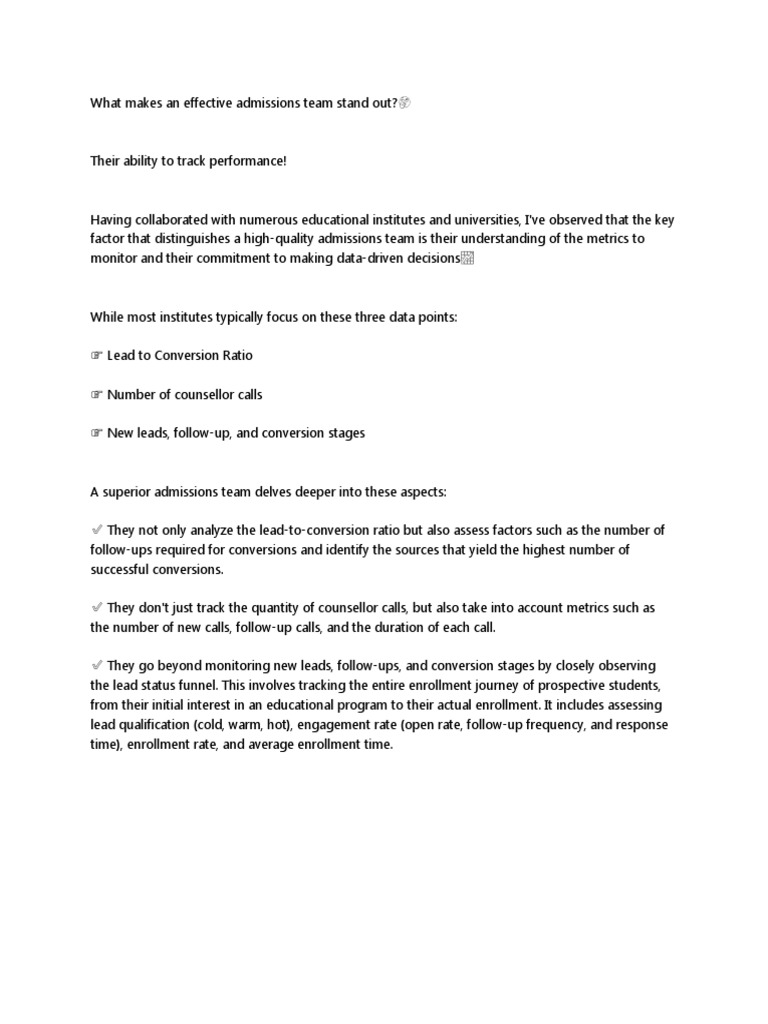 Key Metrics for Admissions Team Success | PDF | Career & Growth ...