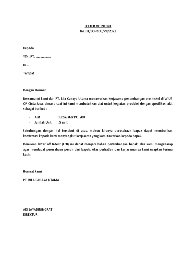 Contoh Surat Letter of Intent Kerjasama | PDF