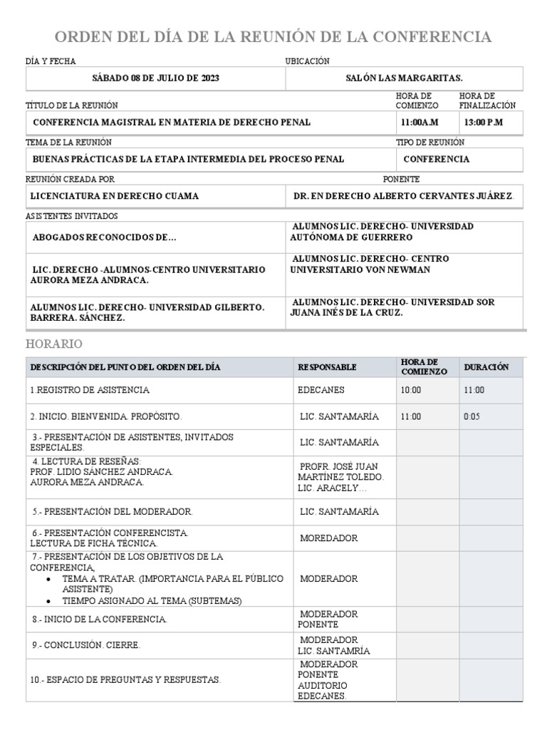 Orden Del Día Conferencia Cuama | PDF