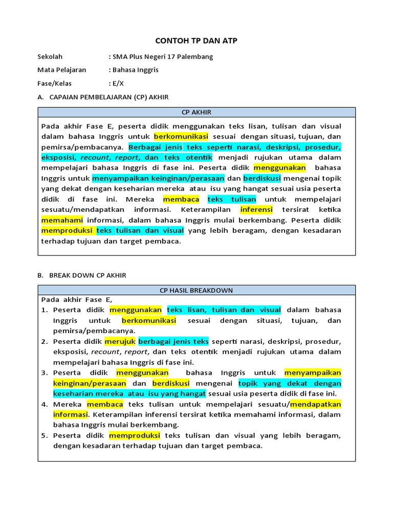 TP Dan ATP Bahasa Inggris Fase E | PDF