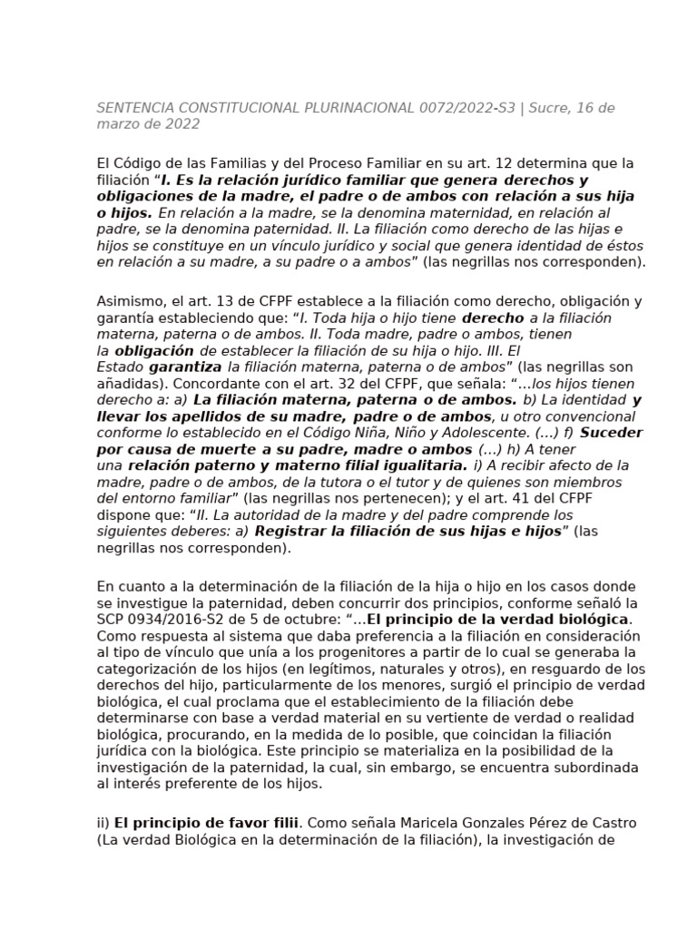 SCP 0072 y Auto Supremo sobre impugnacion de filiacion | PDF | Esfera pública | Ley Pública