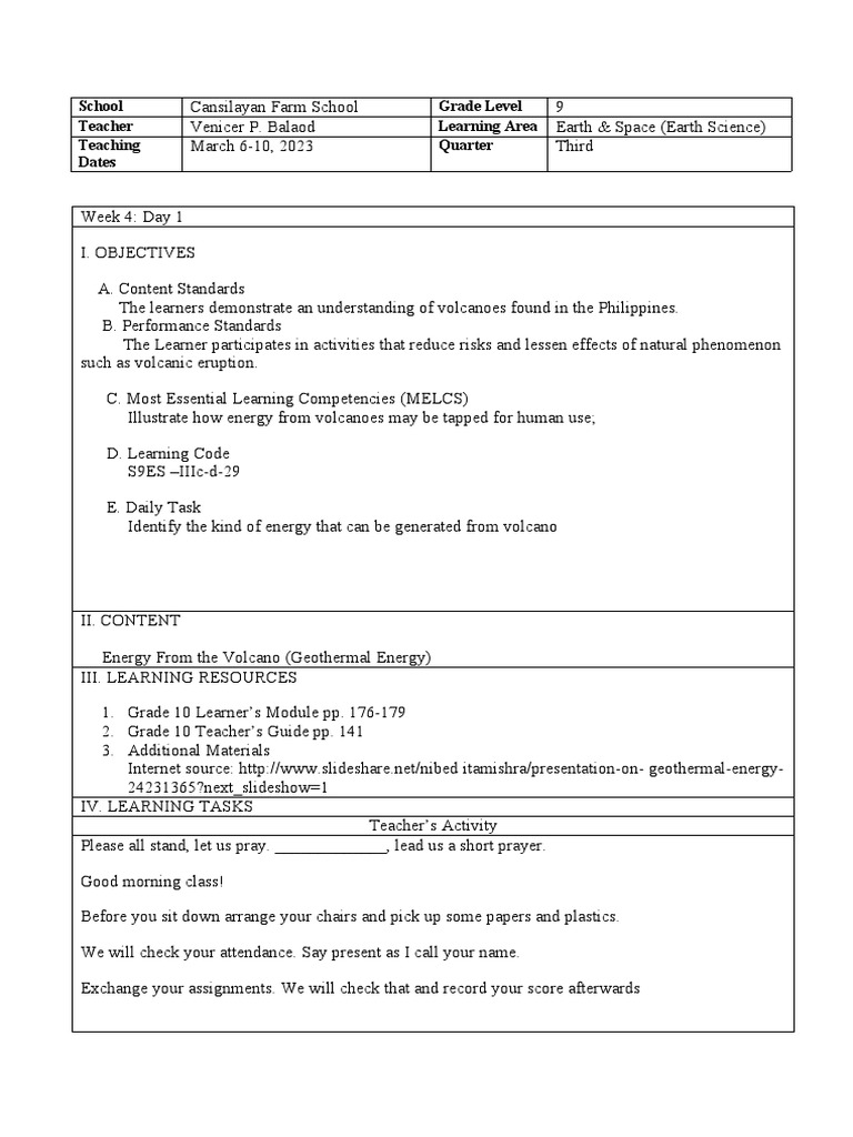 Grade 9 Science LP Week 4 | PDF | Learning | Geothermal Energy