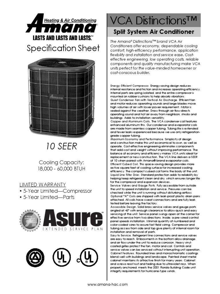 VCA Distinctions 10 SEER. Specification Sheet. Split System Air ...