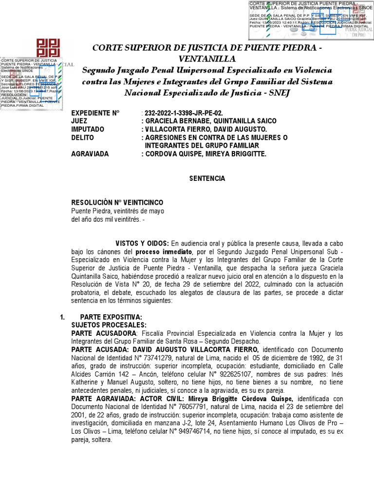 Res. N.° 25 23 MAY 2023. SENTENCIA ABSOLUTORIA. Exp. N.° 232-2022-1 ...