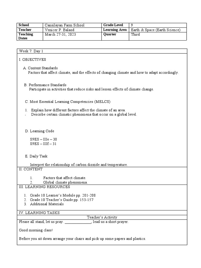Grade 9 Science LP Week 7 | PDF | Climate Change | Learning