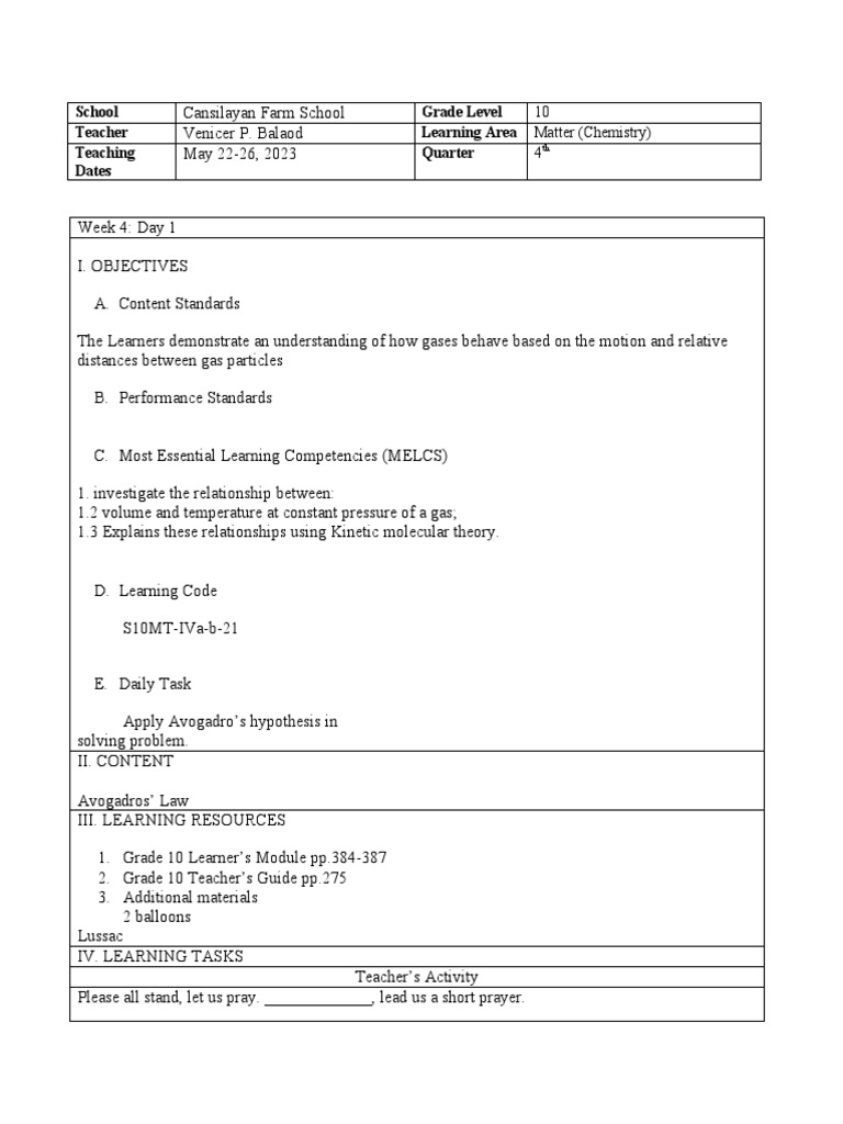 Grade 10 Science LP Week 4 | PDF | Gases | Learning