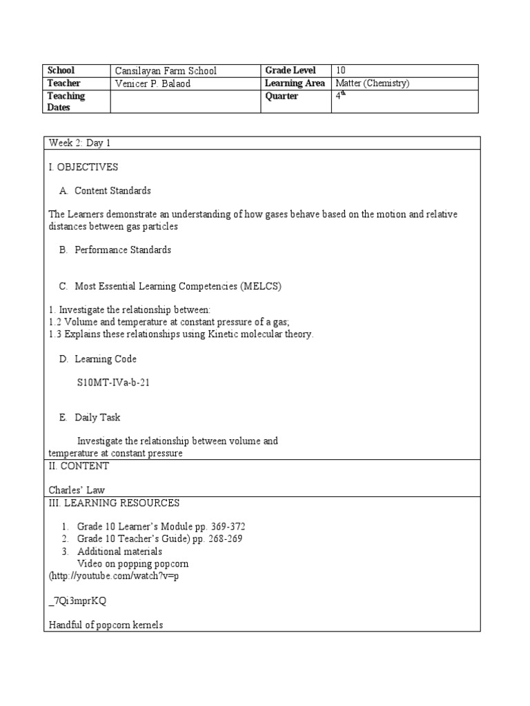 Grade 10 Science LP Week 2 | PDF | Gases | Learning