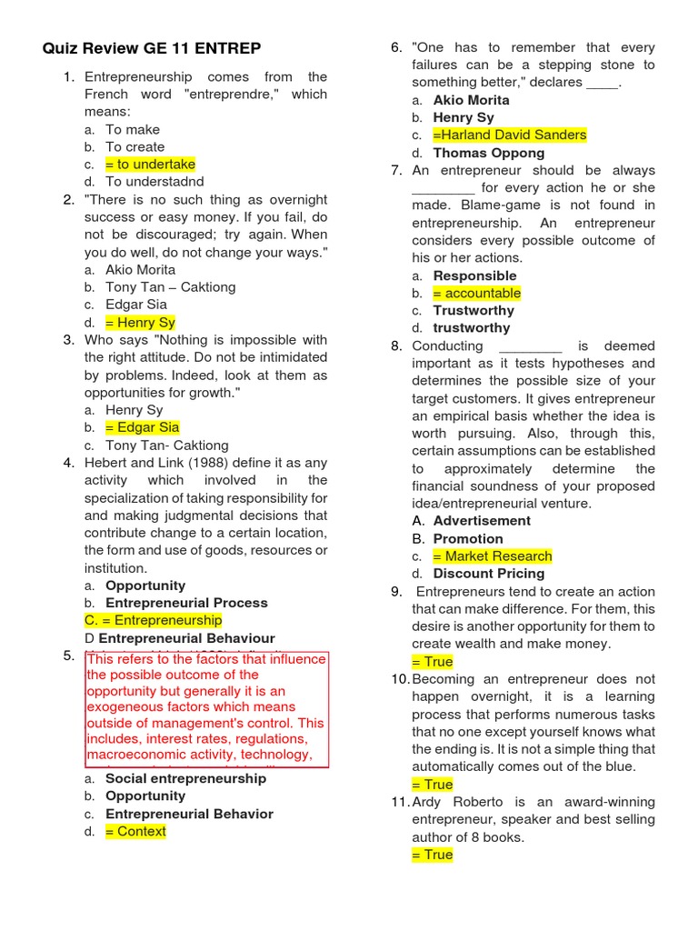 Quiz Review GE 11 ENTREP Edited | PDF | Entrepreneurship | Behavioural ...