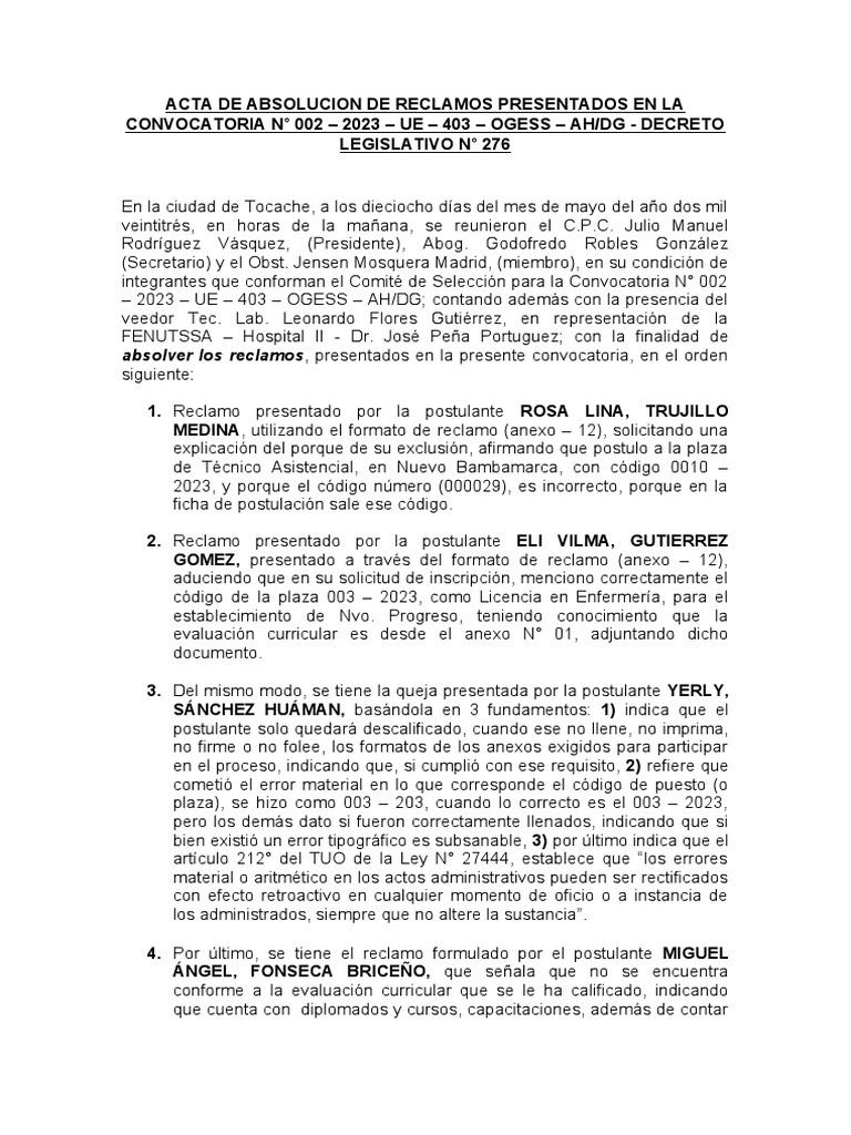Acta de Absolucion de Reclamos Presentados en La Convocatoria N | PDF
