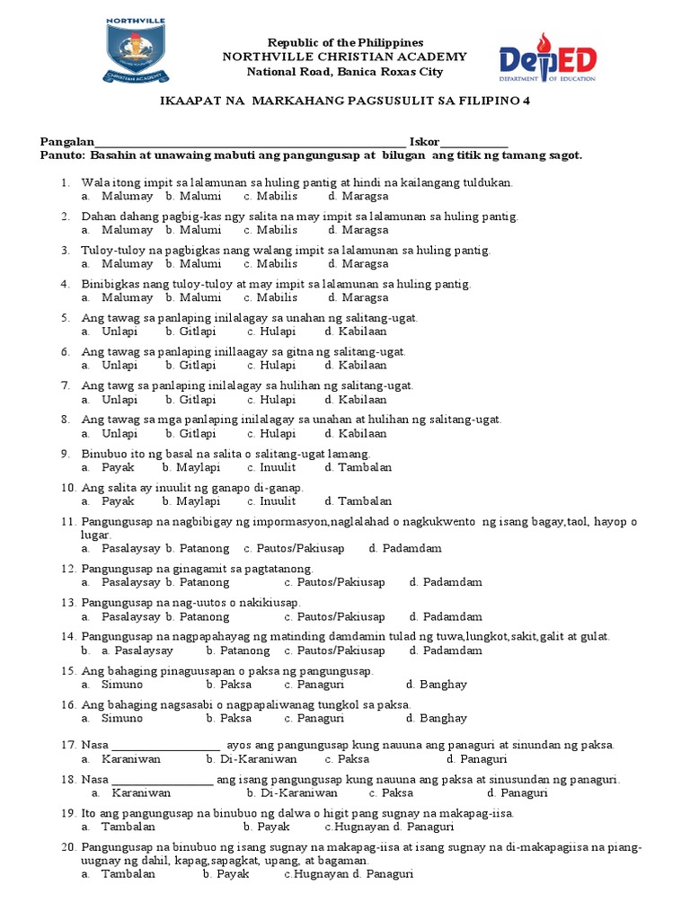 Grade-4-filipino-4th-grading-exam. | PDF