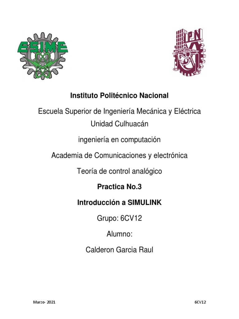 6CV12 Calderon Garcia Raul Corte No1 Practica No 3introduccion A SIMULINK 19-03-2021 PDF | PDF ...