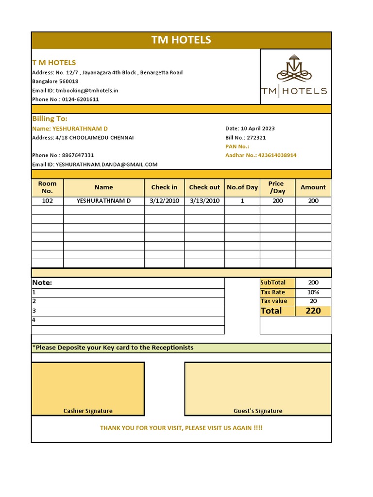 Hotel Bill Format | PDF