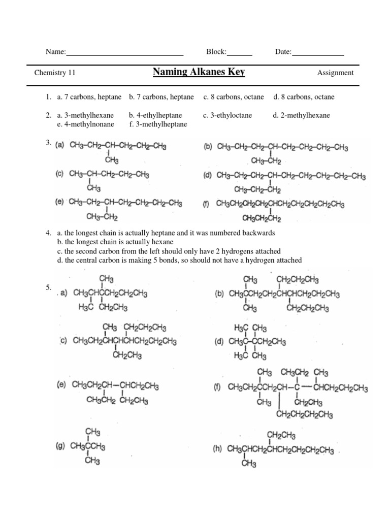 3 Naming Alkanes Wksht Key New | PDF