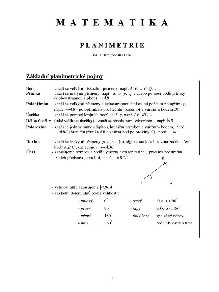 Planimetrie Zakladni Pojmy A Ulohy | PDF