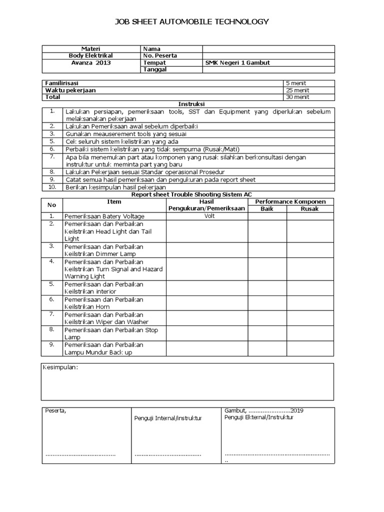 Job Sheet Teknologi Otomotif Avanza | PDF