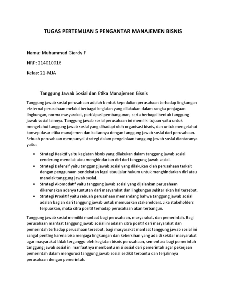 Tugas Pertemuan 5 Pengantar Manajemen Bisnis | PDF | Bisnis