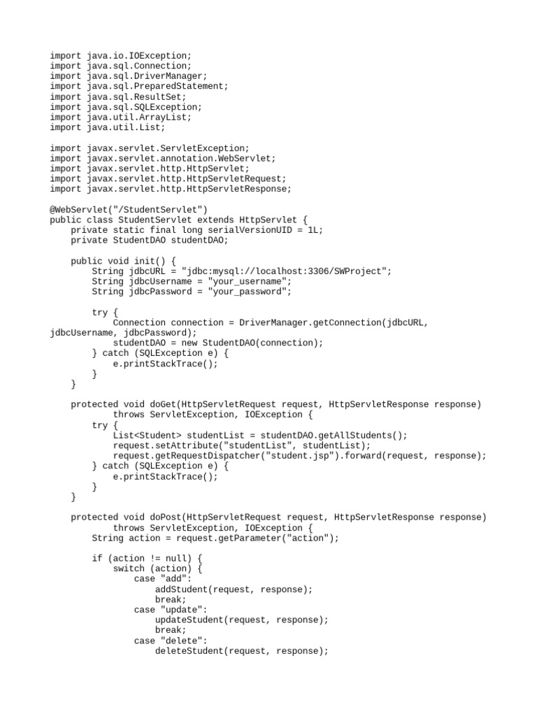Student Servlet | PDF | Databases | Object Oriented Programming