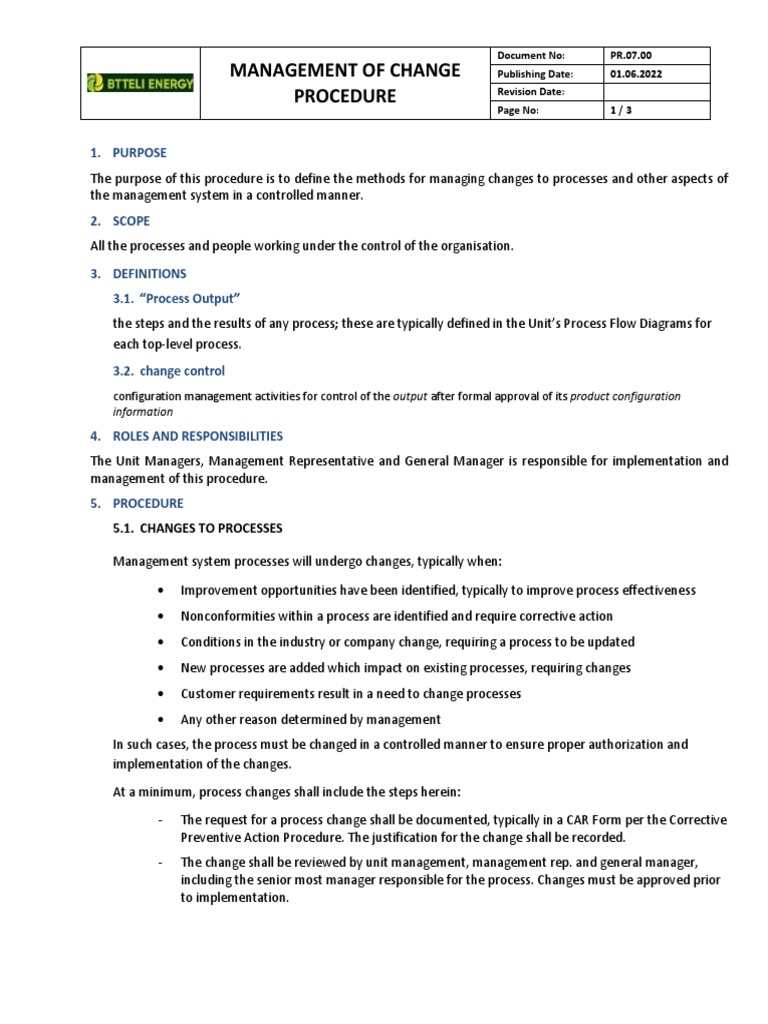 PR.07.00 Management of Change Procedure | PDF | Iso 9000 | Business