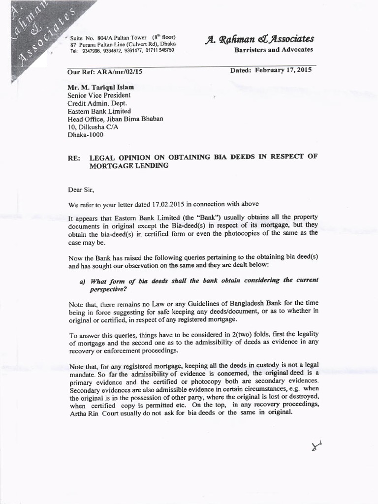 Legal Opinion - Bia Deed A Rahman & Associates | PDF | Deed | Mortgage Law