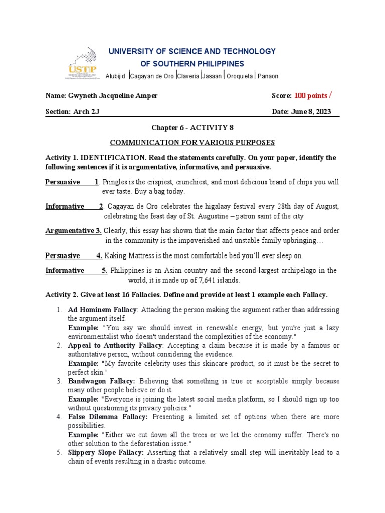 Chapter 6 - Activity 8 | PDF | Fallacy | Argument